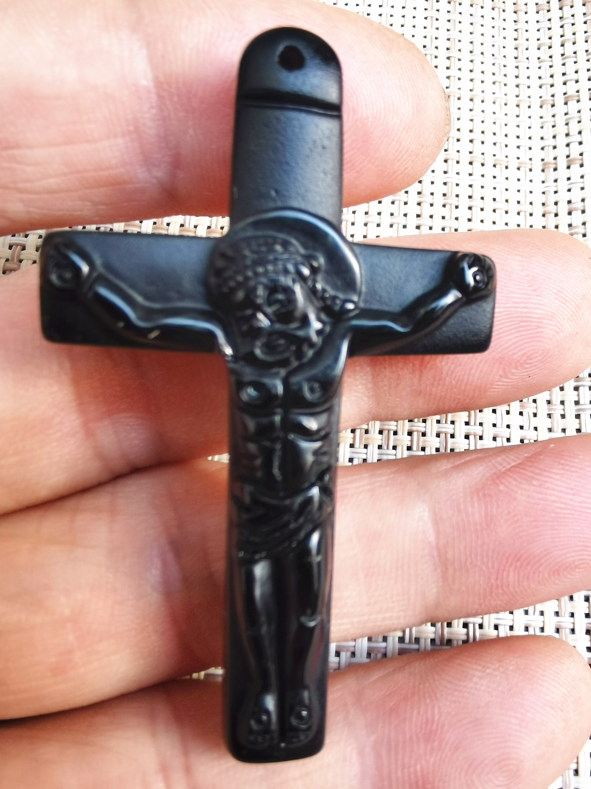 Natural Obsidian Jesus Cross Pendants - Etsy