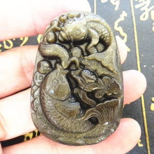 Natural Gold Obsidian Lotus Flower Fish Pendant - Etsy