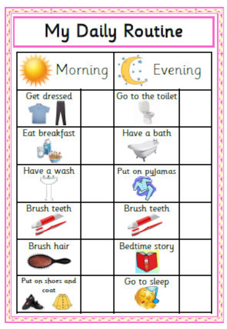 Printable Daily Routine Chart, Pink Reward Chart, Morning Routine ...