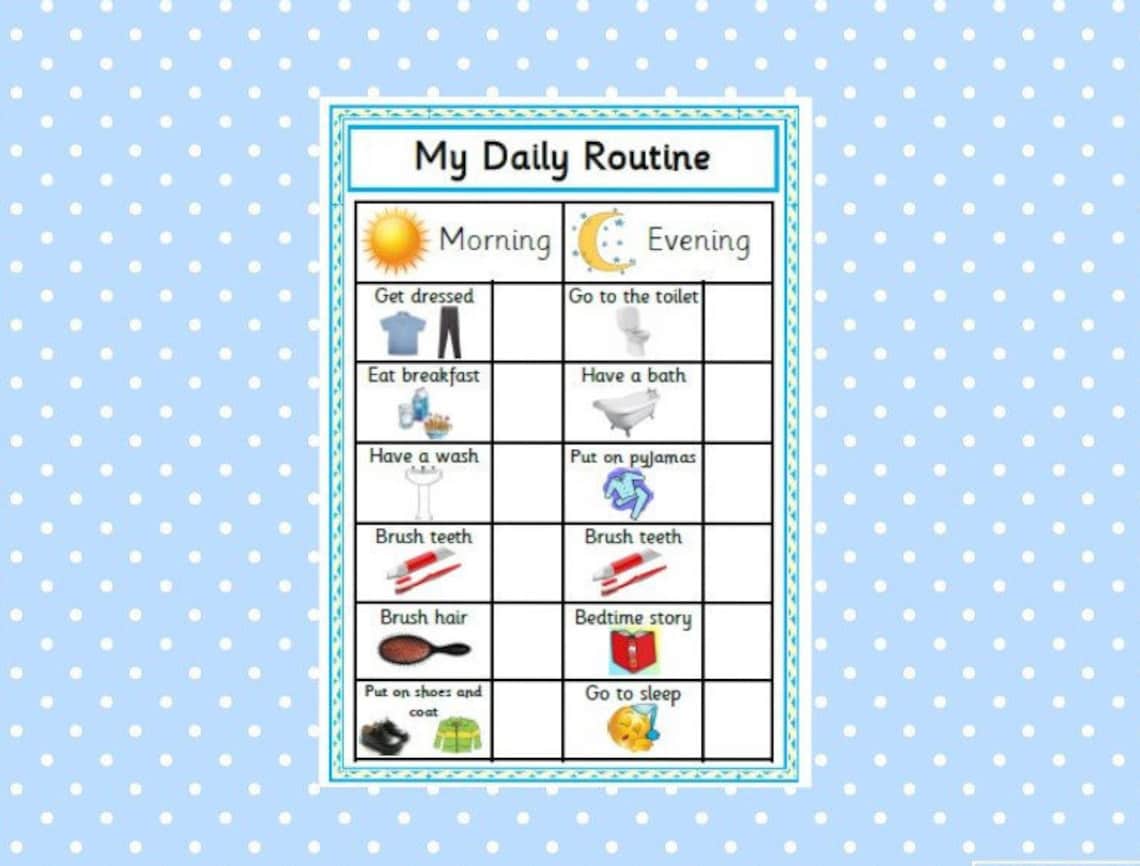 Printable Daily Routine Chart, Blue Reward Chart, Morning Routine ...
