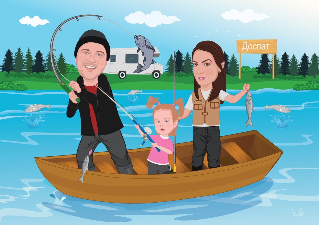 Custom Couple Fishing Caricature, Personalized Fisherman Caricature ...