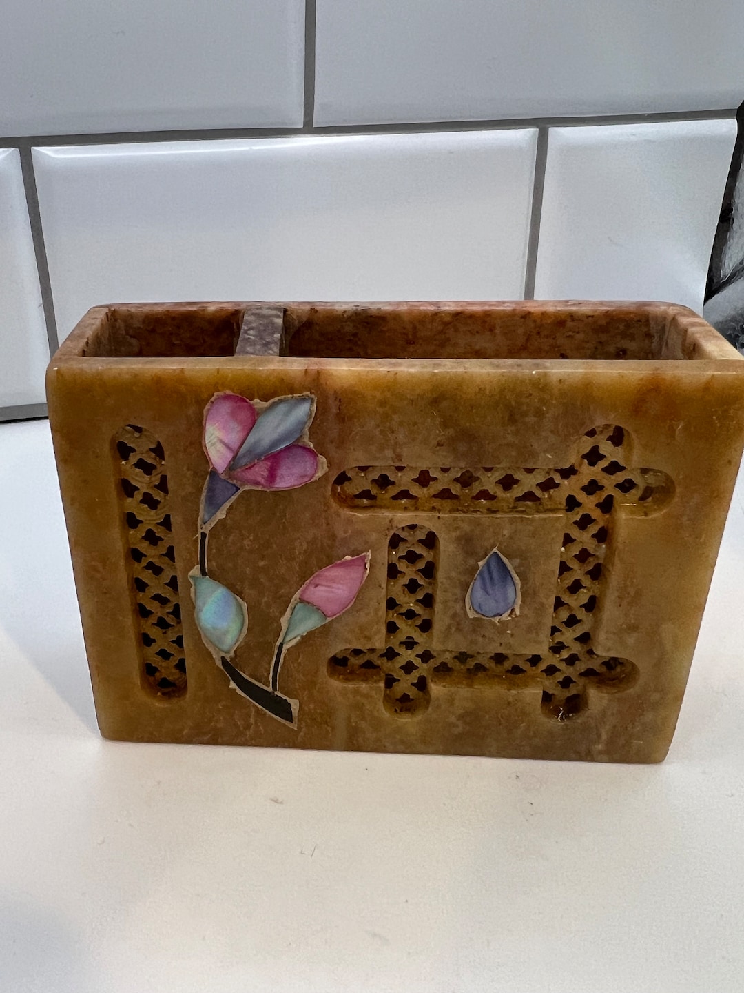 Vintage Hand Carved Soapstone Pen/pencil Holder With Shell Flower Inlay ...