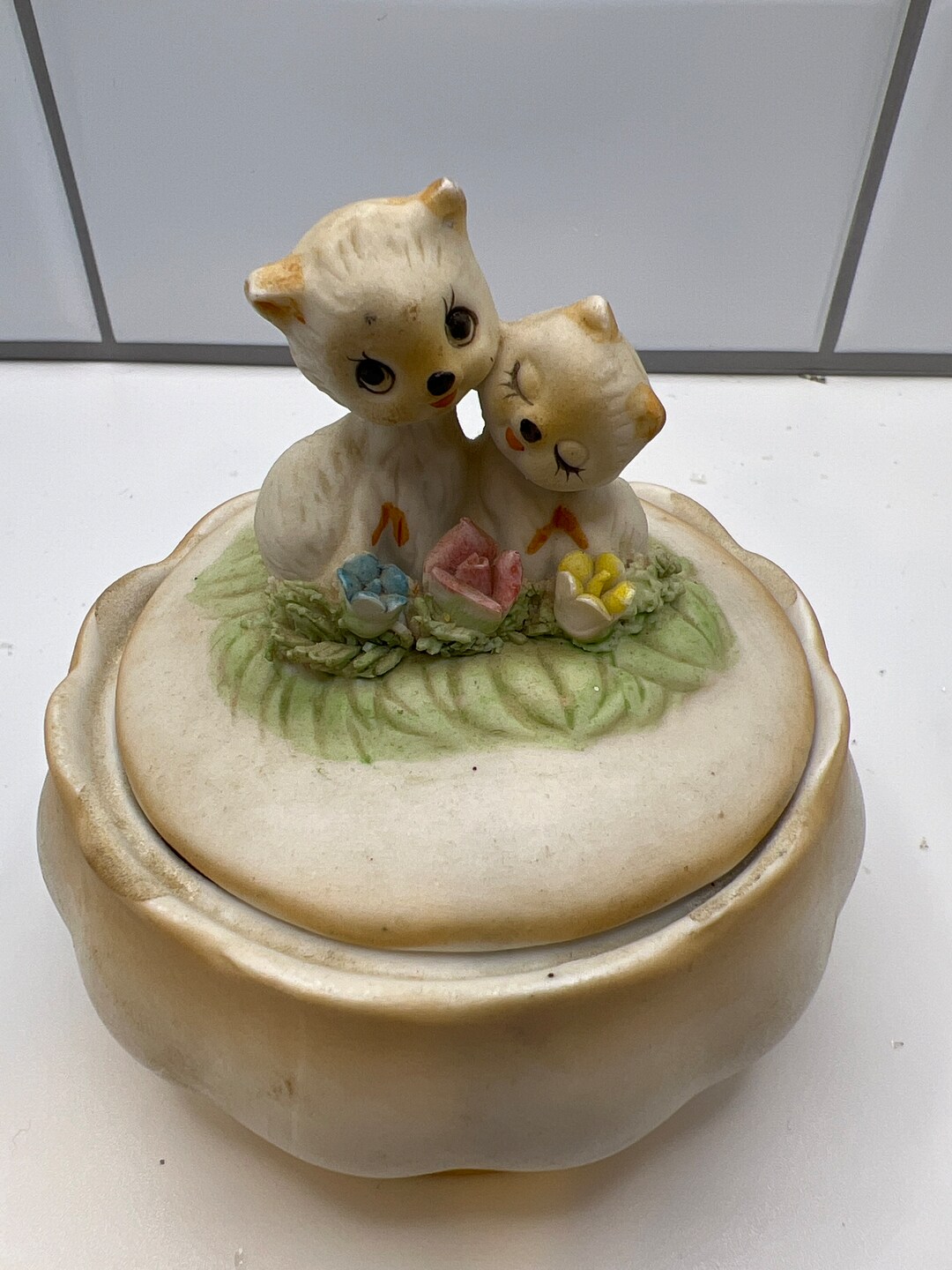 Vintage Porcelain Cat & Kitten Trinket Box With Lid - Etsy
