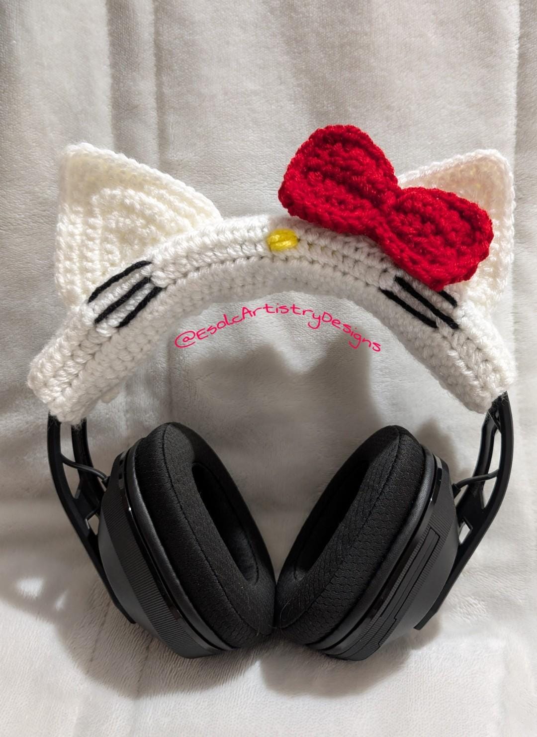 White Cat Ear Crochet Headset Cover With Red Bow | Handmade Crochet ...