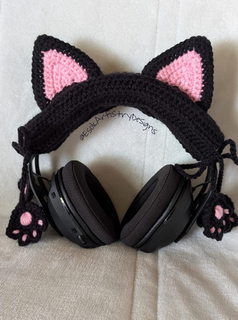 Crochet Cat Ear Headset Cover With Paw Charms | Handmade Headphone ...