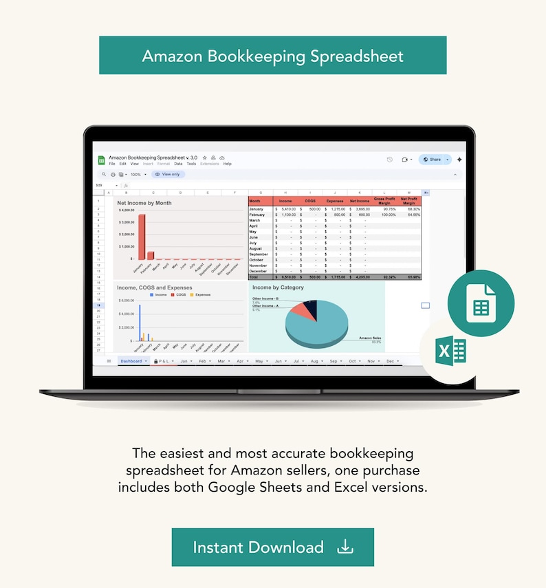 Amazon Seller Bookkeeping Spreadsheet Designed by Accountant Income ...