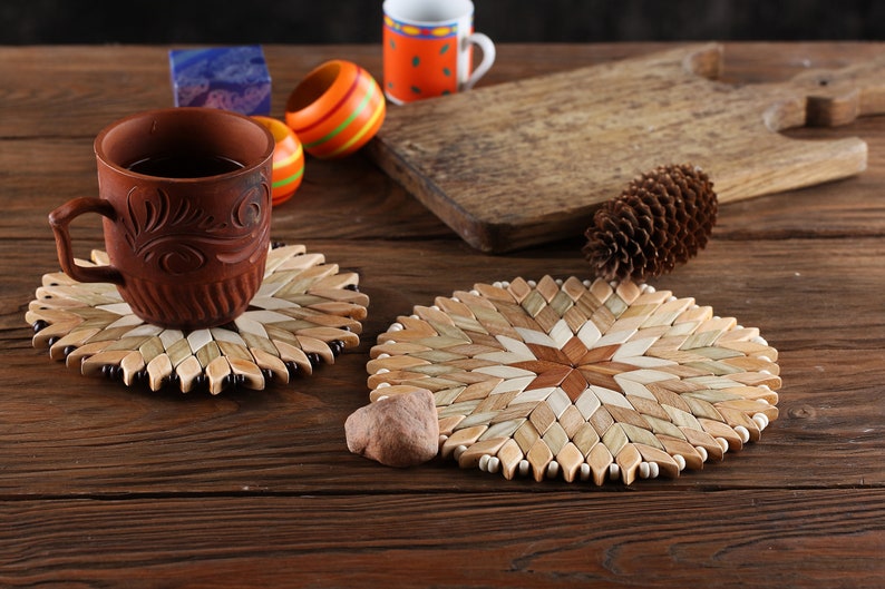 Set of 2 Large Handmade Wooden Trivets for Hot Dishes - Diameter 9