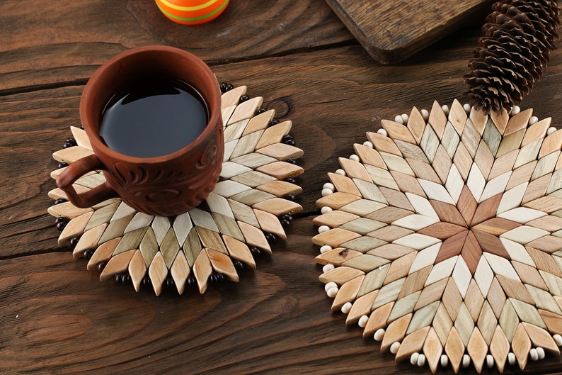 Set of 2 Large Handmade Wooden Trivets for Hot Dishes - Diameter 9
