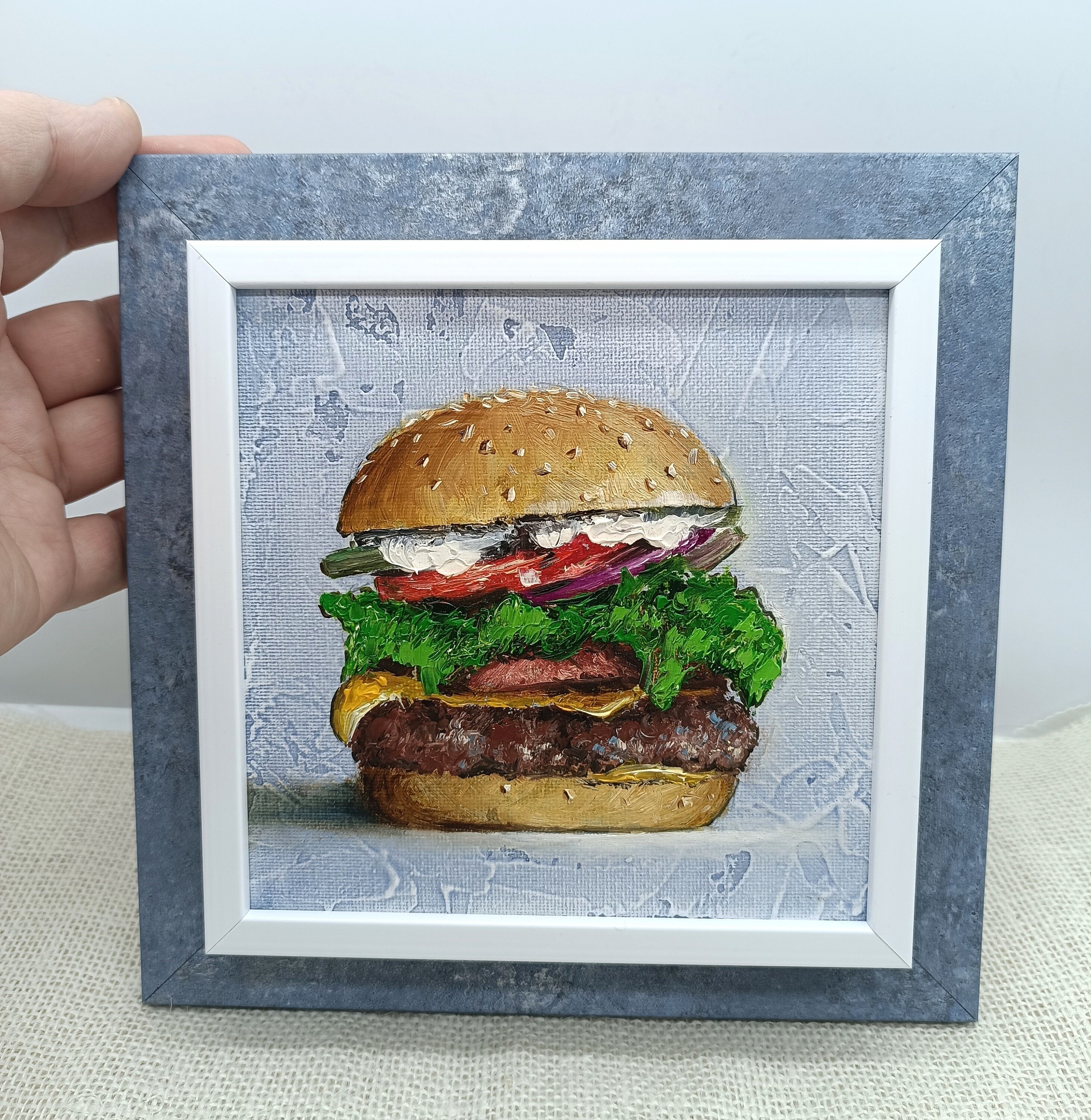 Burger Oil Painting Original Hamburger Painting Original Art on Canvas Still Life Painting Wall ...