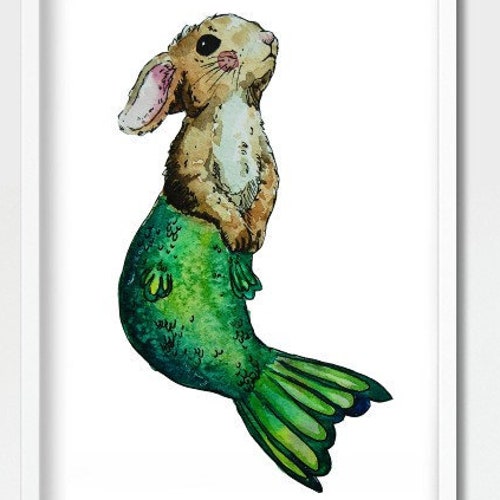 Goldfish Mermaid Bunny Watercolor Painting Print Rabbit - Etsy