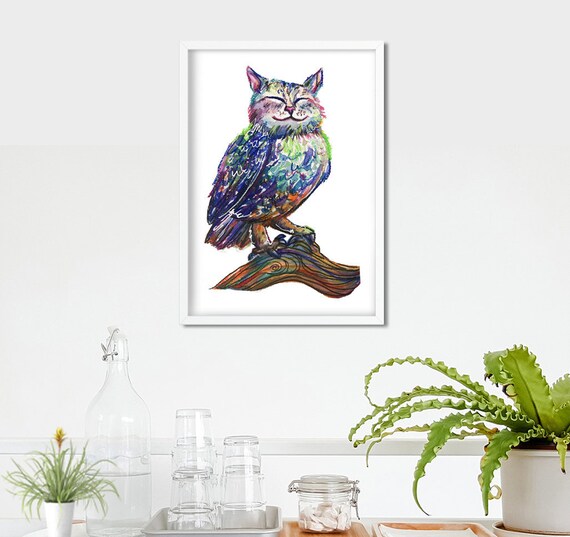 Meowl Watercolor Painting PRINT fantasy art cats nursery | Etsy
