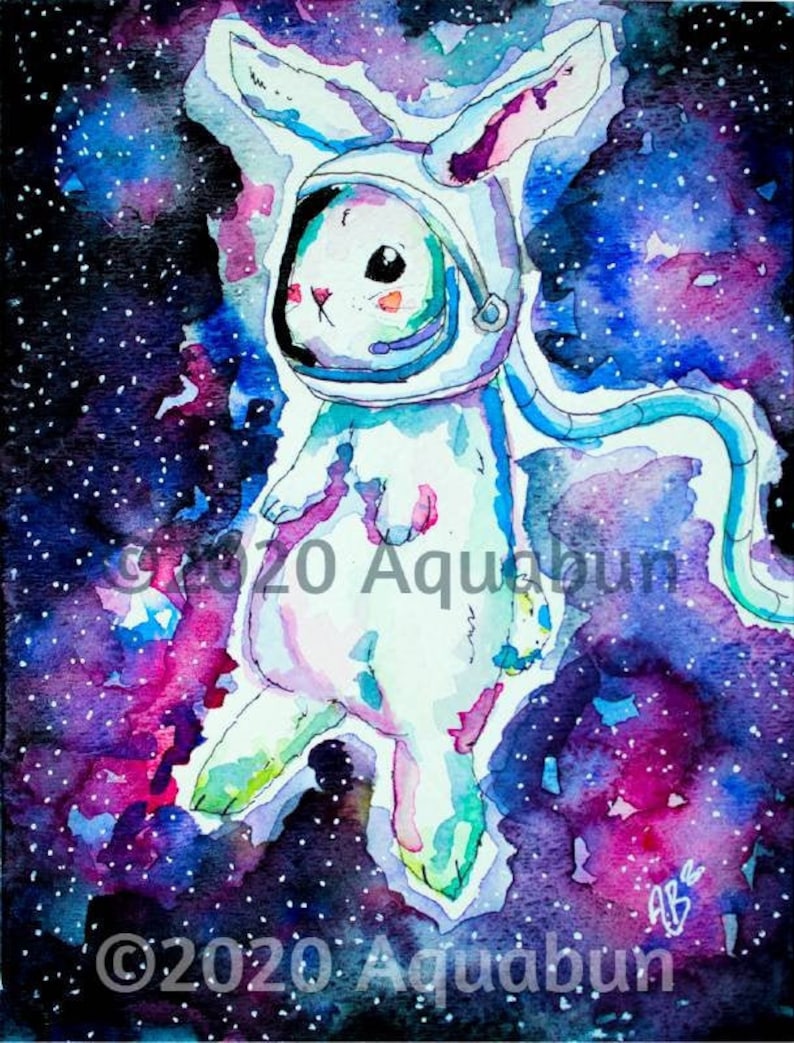 Astronaut Galaxy Bunny Watercolor Painting Print rabbit pet | Etsy