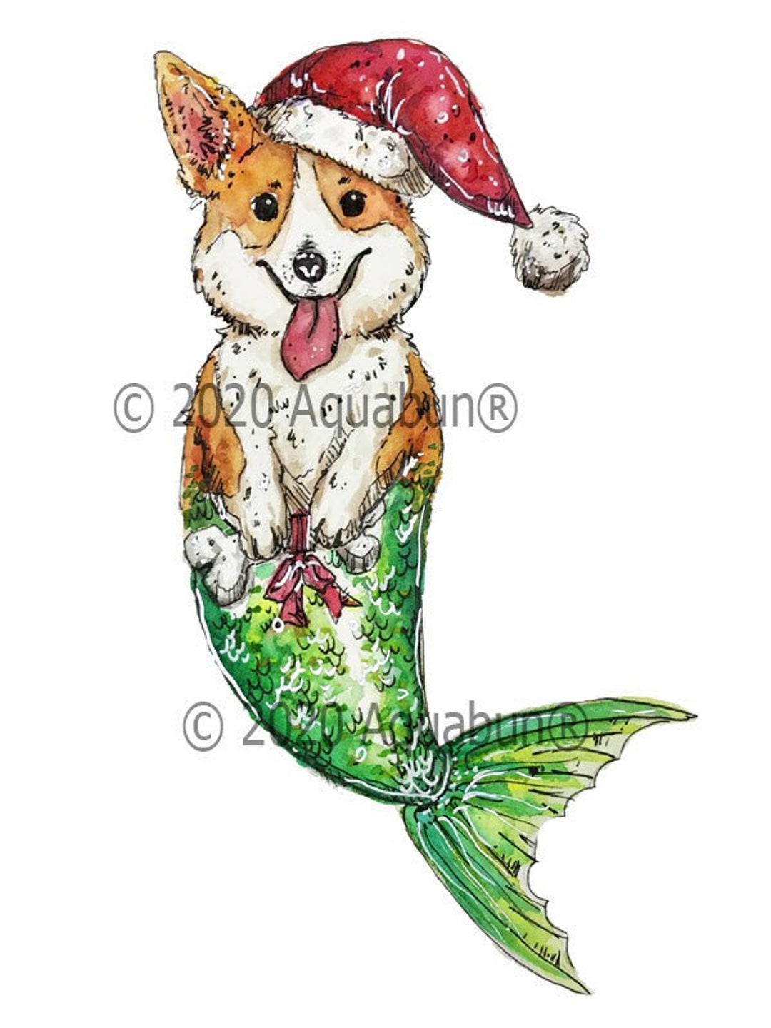 Holiday Corgi Mermaid Watercolor Painting PRINT Glicee Print - Etsy