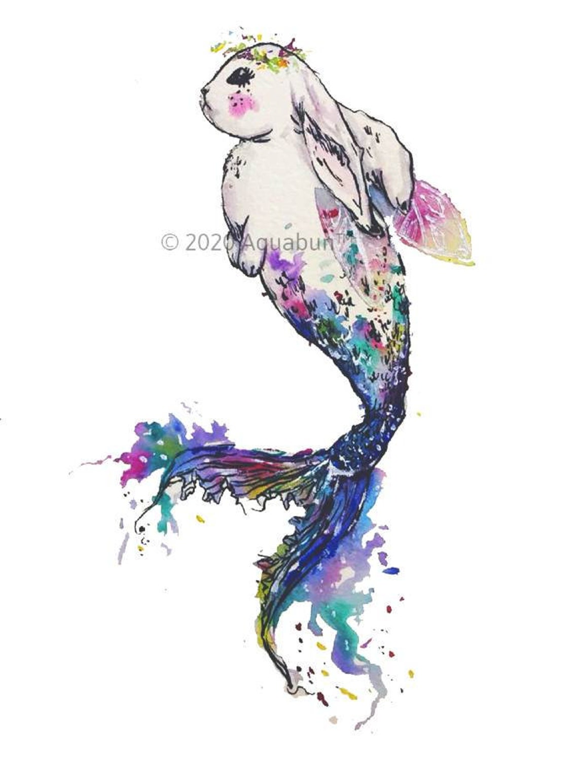 Mermaid Fairy Bunny Watercolor Painting Print Rainbow Rabbit - Etsy