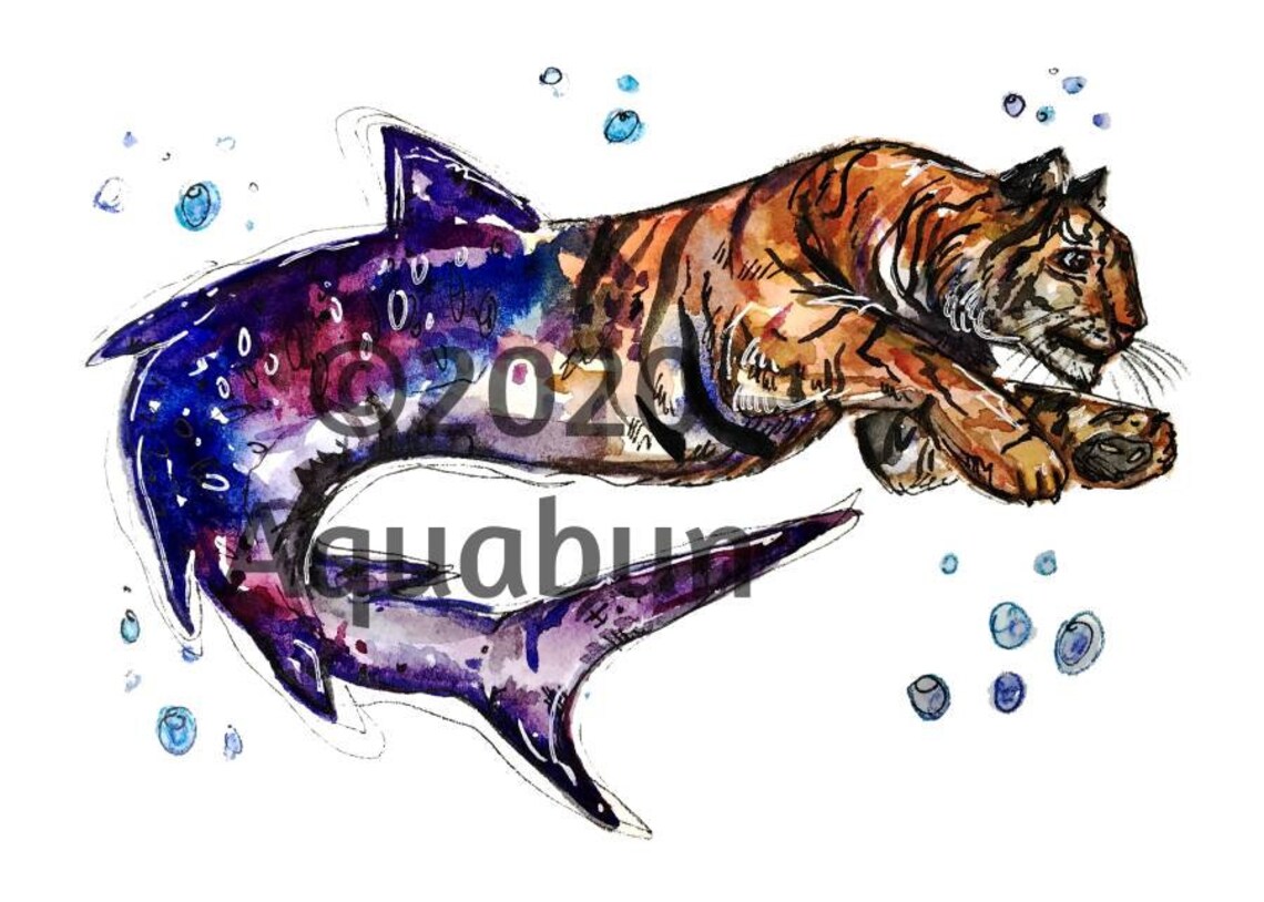 Tiger Shark Watercolor Painting PRINT Fantasy Art Childrens - Etsy Norway