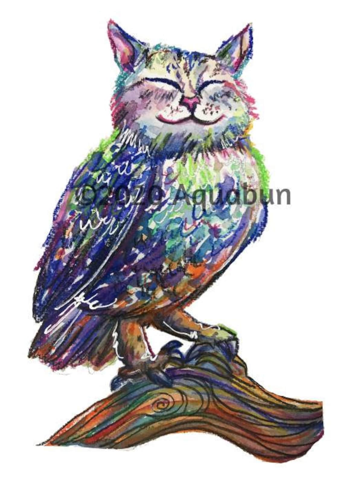 Meowl Watercolor Painting PRINT Fantasy Art Cats Nursery - Etsy