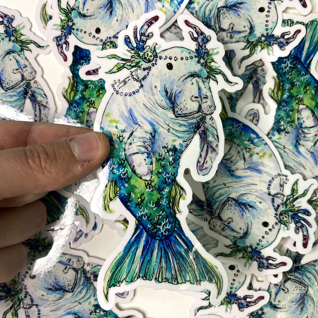 Watercolor Manatee Mermaid Sticker, Waterproof Vinyl Decal - Etsy