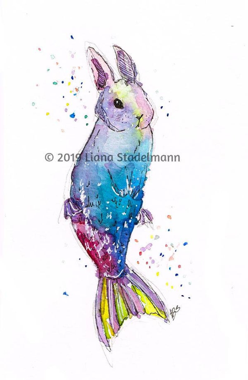 Rainbow Mermaid Bunny Watercolor Painting Print Rabbit Pet - Etsy