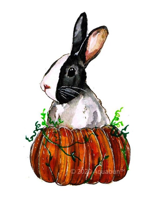 Bunny Rabbit Pumpkin Fall Watercolor Painting Print Autumn | Etsy