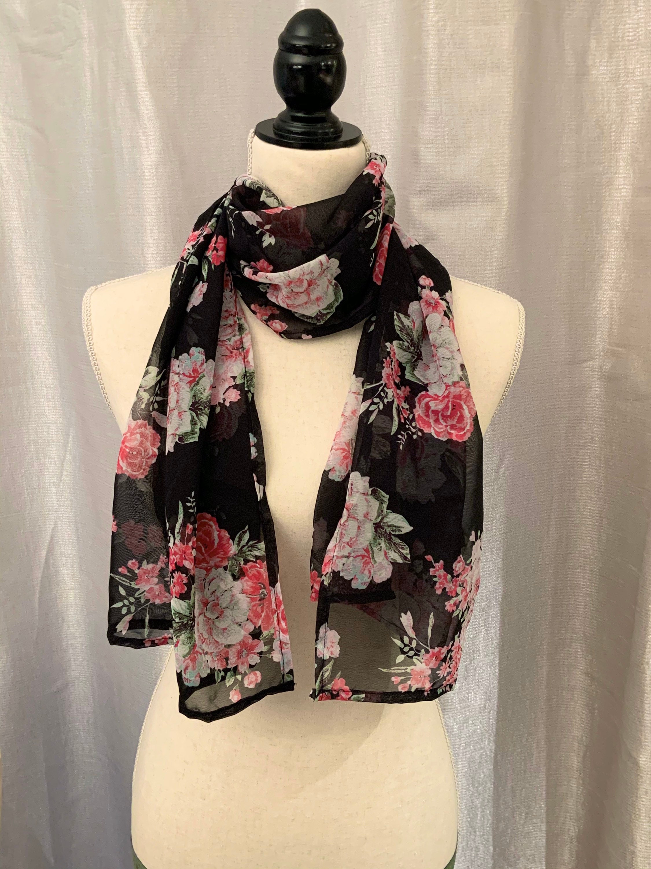 Pink White and Black Peony Chiffon Bling Scarf floral scarf | Etsy