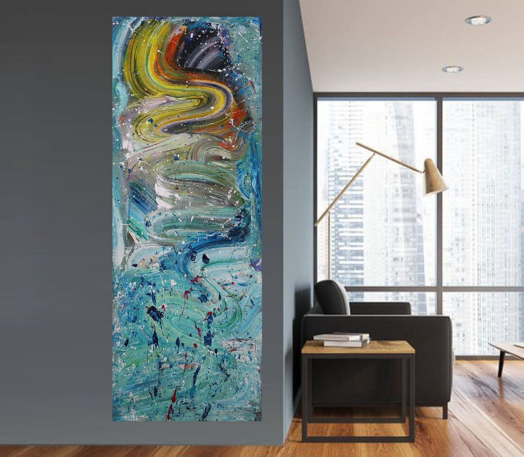 Vertical Long Painting, Blue Abstract Large Wall Art, Blue Painting ...