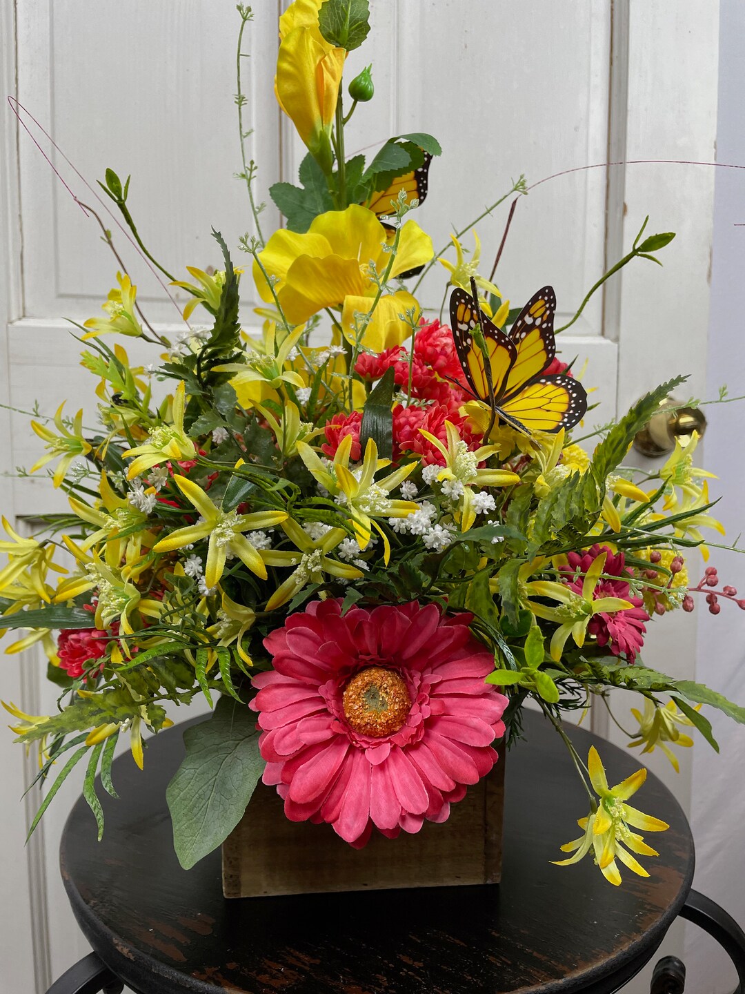 Butterfly Floral Arrangement: Yellow Daisies Centerpiece in Wooden ...