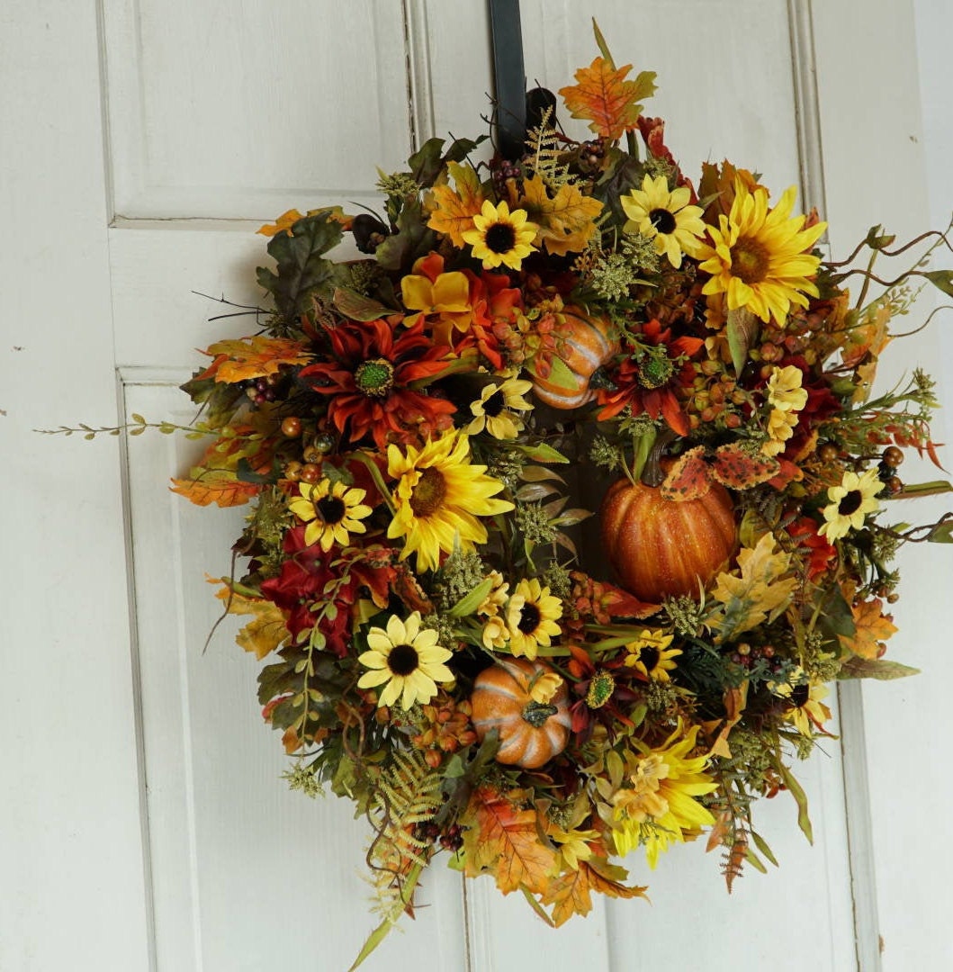 Round Grapevine Acorn Thanksgiving Wreath Sunflower Autumn Wreath Mixed ...