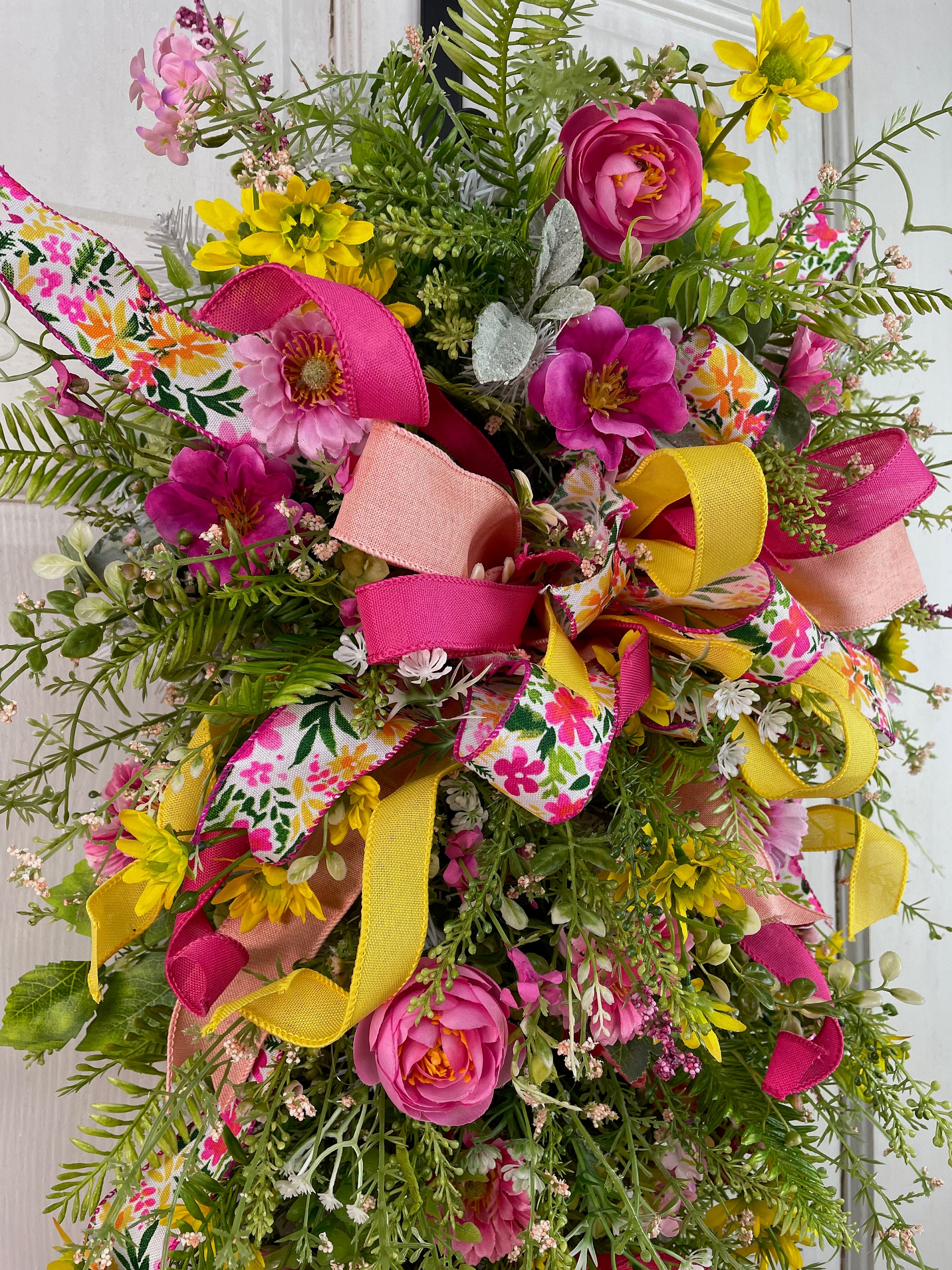 Daisy and Ranunculus Teardrop Swag for the Front Door, Pink, Yellow ...