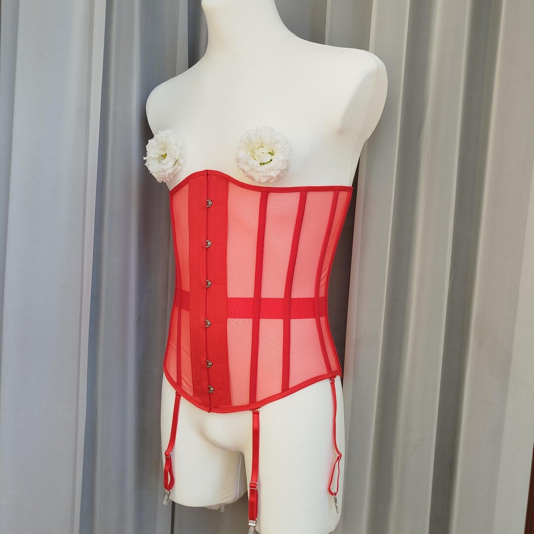 MEN'S Red Mesh Sheer Steel Bones Underbust Longline Corset, Body Shaper ...