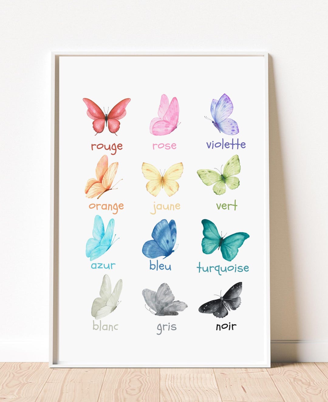French Colors Poster, Watercolor Butterfly Color Chart, Learn French ...