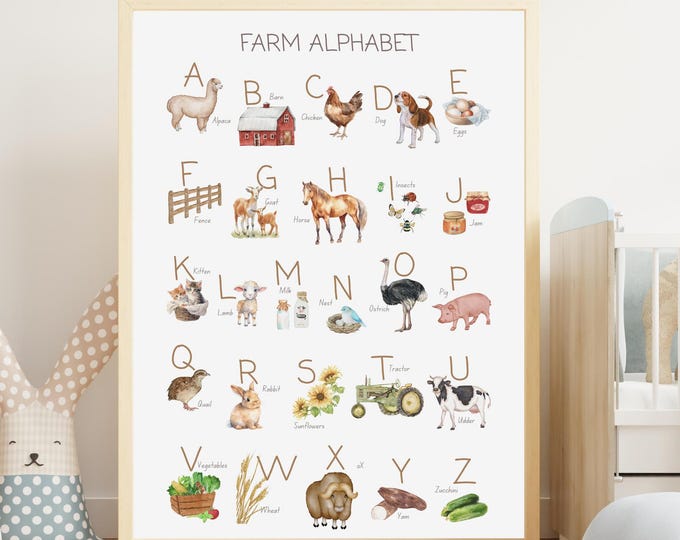 Farm Alphabet Print | Illustrated A-Z Farm Animals Poster | ABC Nursery ...