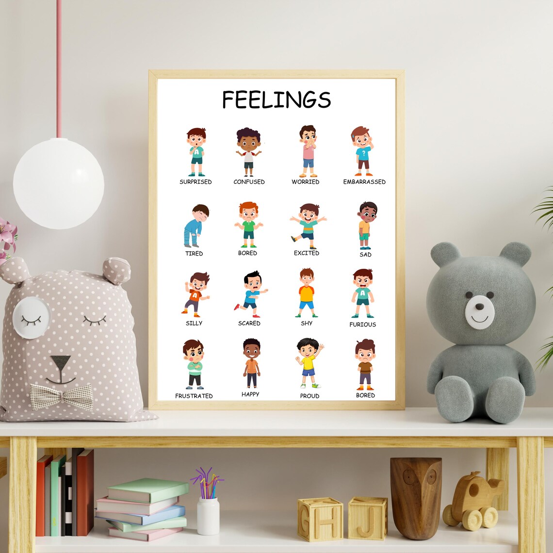 Feelings Chart, BOYS Illustration Emotions Print, Montessori Homeschool ...