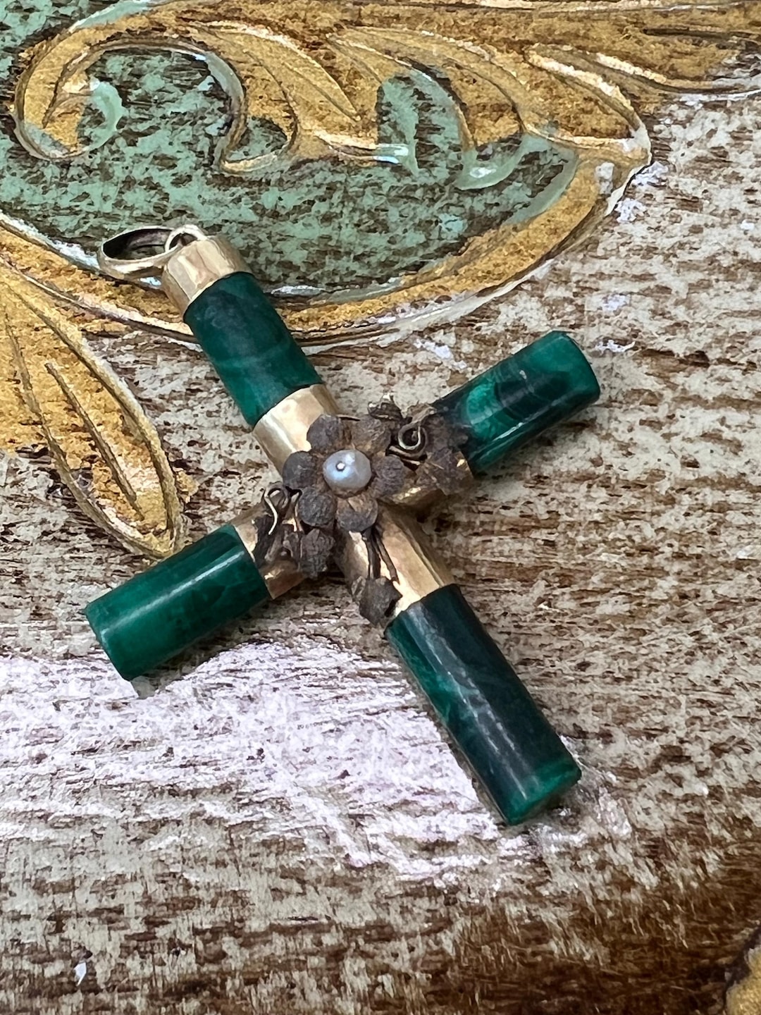 Early Victorian Malacite and 14 Kt Gold Cross Pendant W Seed Pearl - Etsy