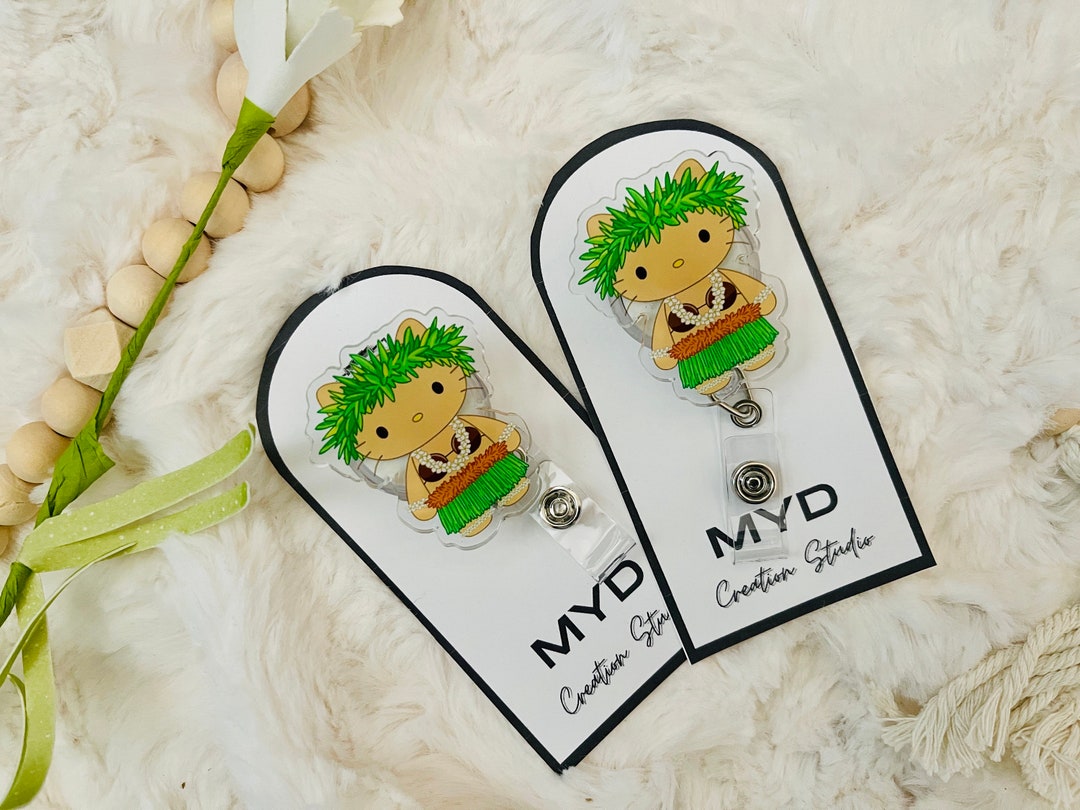 White Cat Hula Girl, Hawaiian, Hawaii Inspired, Retractable Badge Reel ...