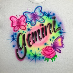 Airbrush T-shirt - Gemini - Butterflies - Rose - Zodiac - Sign - Etsy