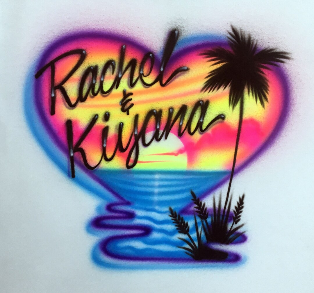 Heart Beach Scene With Sunset Airbrushed T-shirt - 2 Names - Etsy