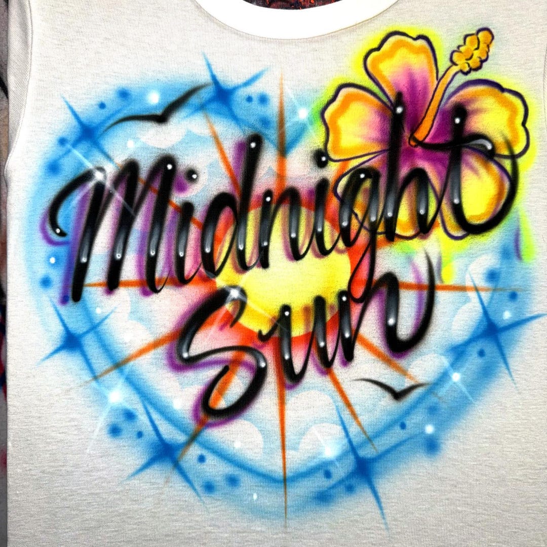 Midnight Sun Airbrushed Shirt Heart Clouds And Hibiscus Design Etsy