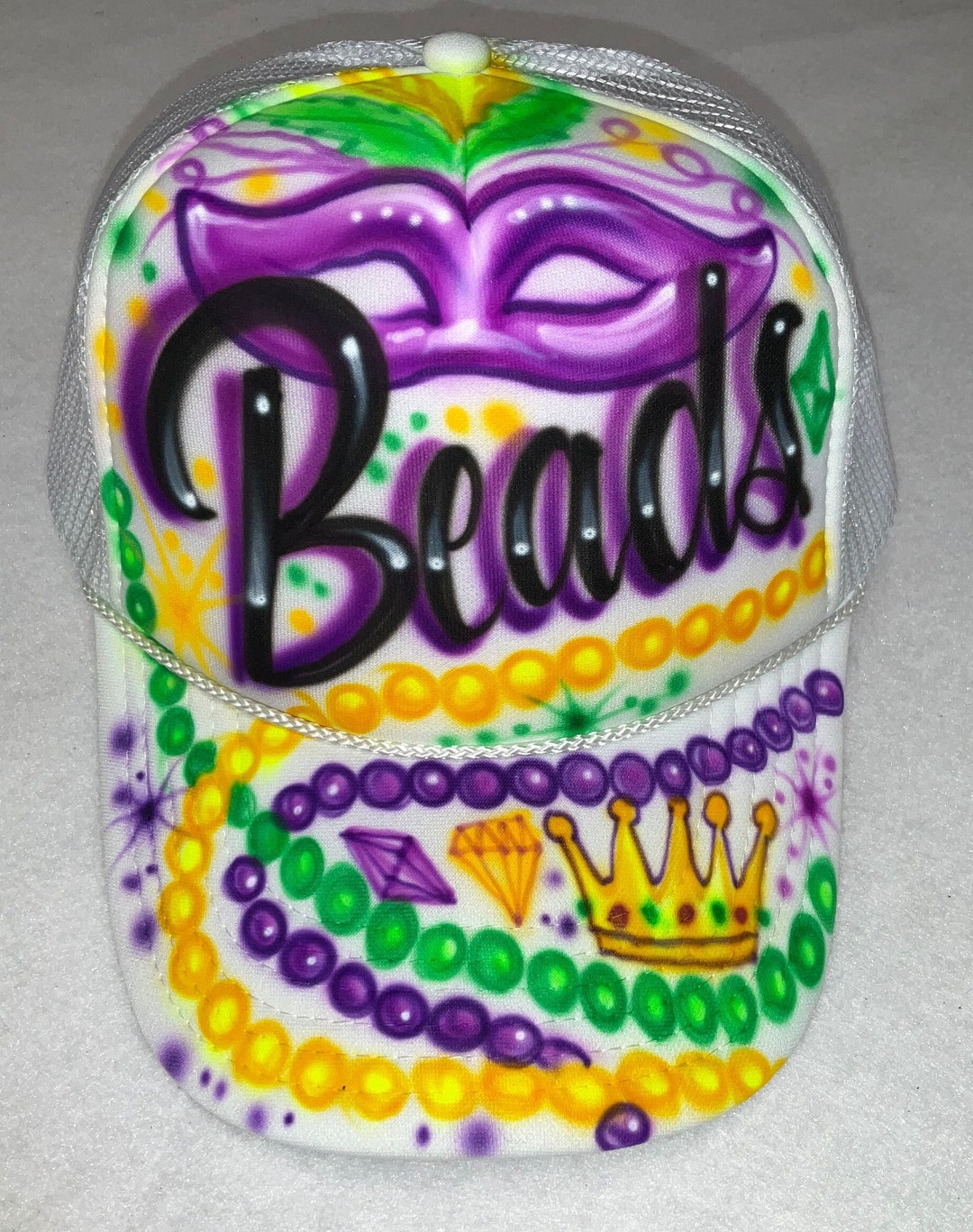 Airbrushed Trucker Hat * Mardi Gras * Beads * Mask * Crown * Gems ...
