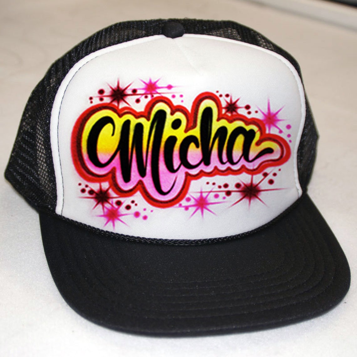 Airbrushed Trucker Hat * Script Name & Stars * Trucker Hat * Hat * Cap ...