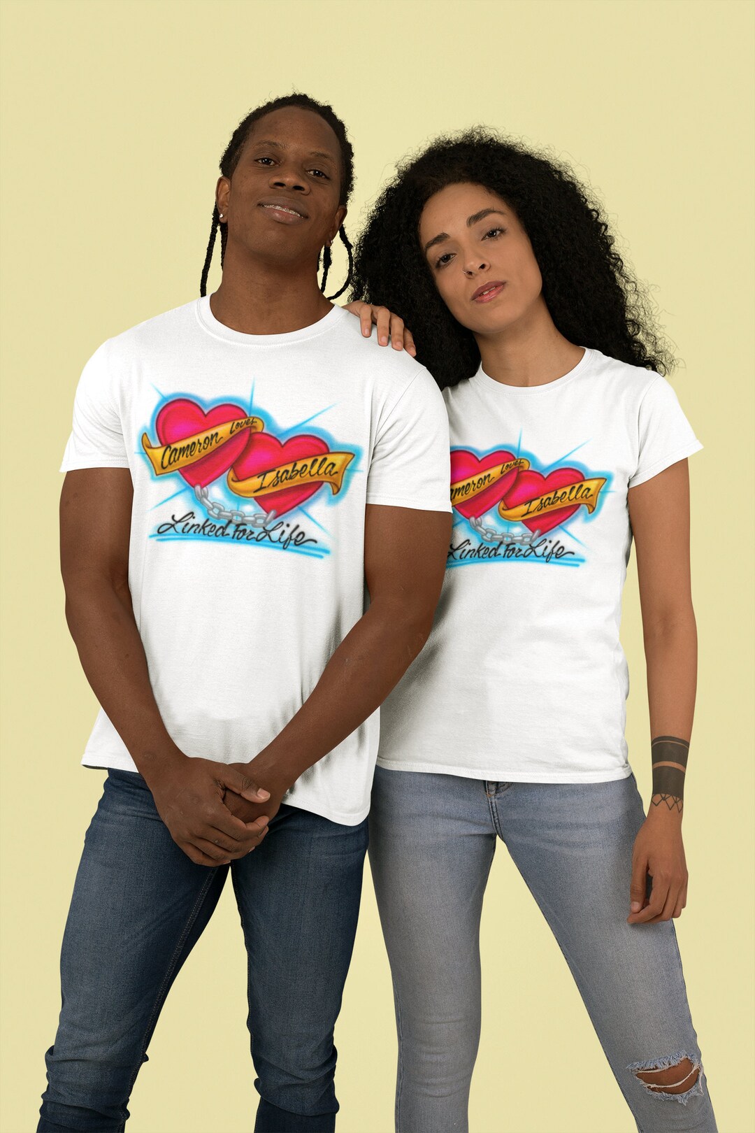 Airbrush T-shirt * Linked for Life * Heart * Chain * Ribbon * Couple - Etsy