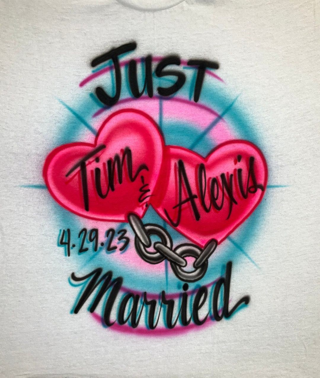 Airbrushed T-shirt * Just Married * Chain Link * Hearts * You Choose ...