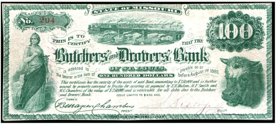 1880 BUTCHERS & DROVERS Bank St. Louis 100 Dollar Bill! Uncirculated ...