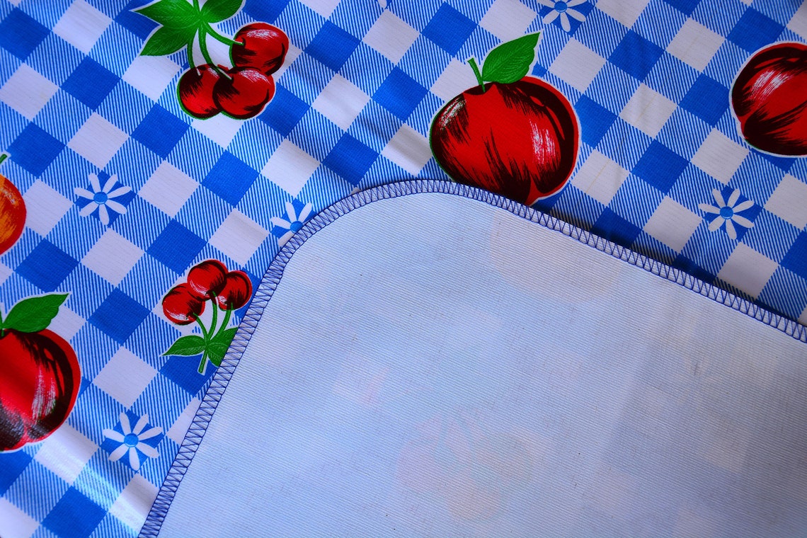 Gingham & Fruits Riverside Oilcloth Tablecloth Blue and - Etsy