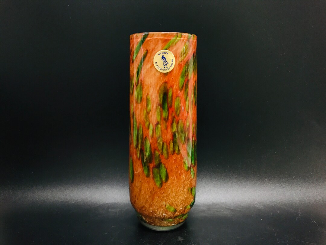 Maltese Hand Blown Colorful Orange Green Cylindrical Glass Vase, Mtarfa ...