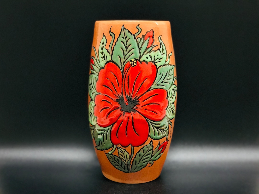 Greek Pottery Vase With Hand Painted Large Red Flower Decor, Clarisse ...
