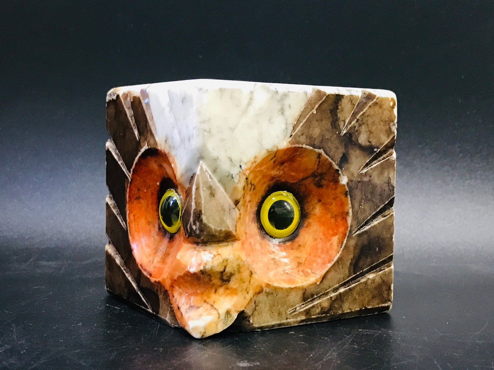 Hand Carved Alabaster Owl Figurine, Cubic Eagle Head, Vintage Marble ...
