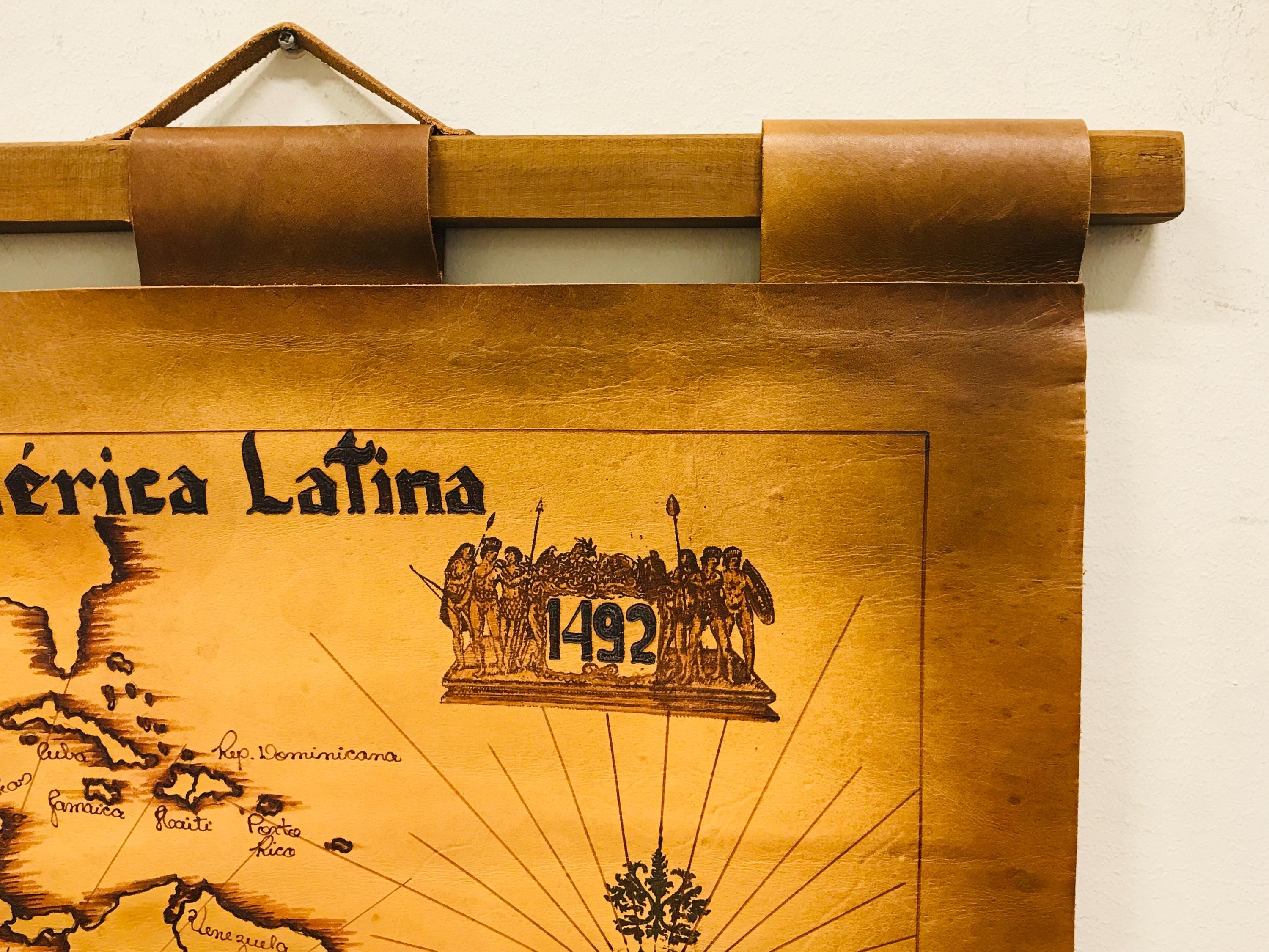 Large Vintage Leather Map of Latin America With Wood End Hanger ...