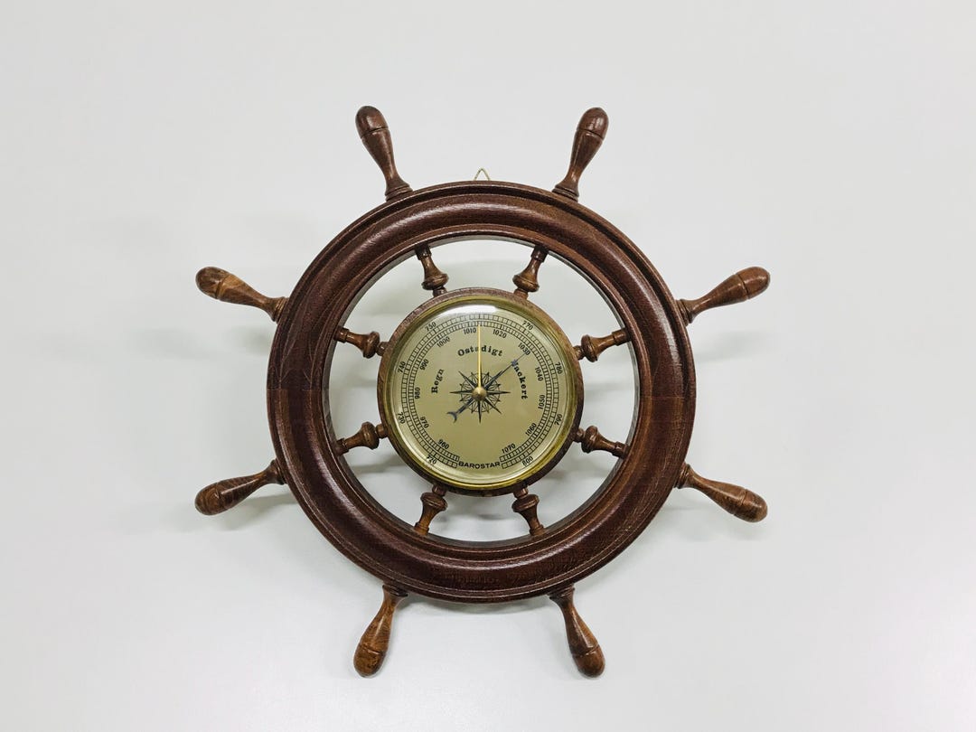 Barometer With Wooden Ship Helm Wheel Frame, Vintage Barostar Maritime ...