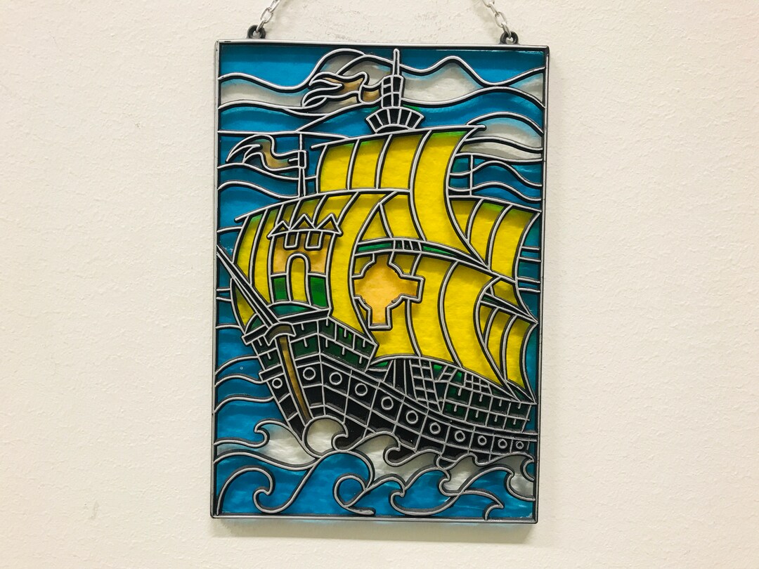 Vintage Stained Glass Galleon Ship Suncatcher With Metal Frame and ...