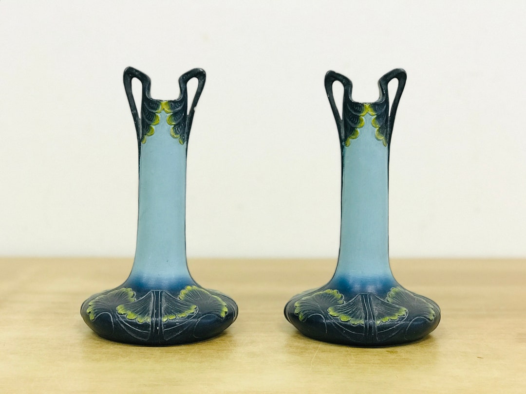 Jugend Blue Plaster Vase Pair With Ginkgo Leaf Decor, Antique ...